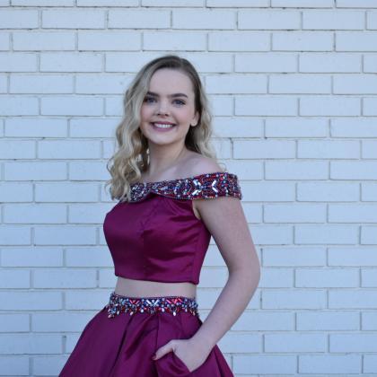 Princess Two Piece Beads Maroon Long Prom Dress With Pockets on Luulla