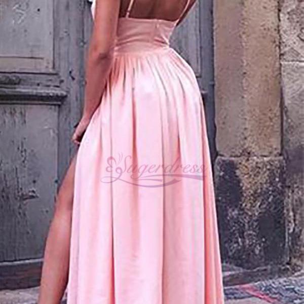 Sexy Pink Straps Long Prom Dress With Side-split on Luulla